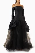 Buy Sandra Mansour Black Falling Off-shoulder Gown in Tulle & Taffeta ...